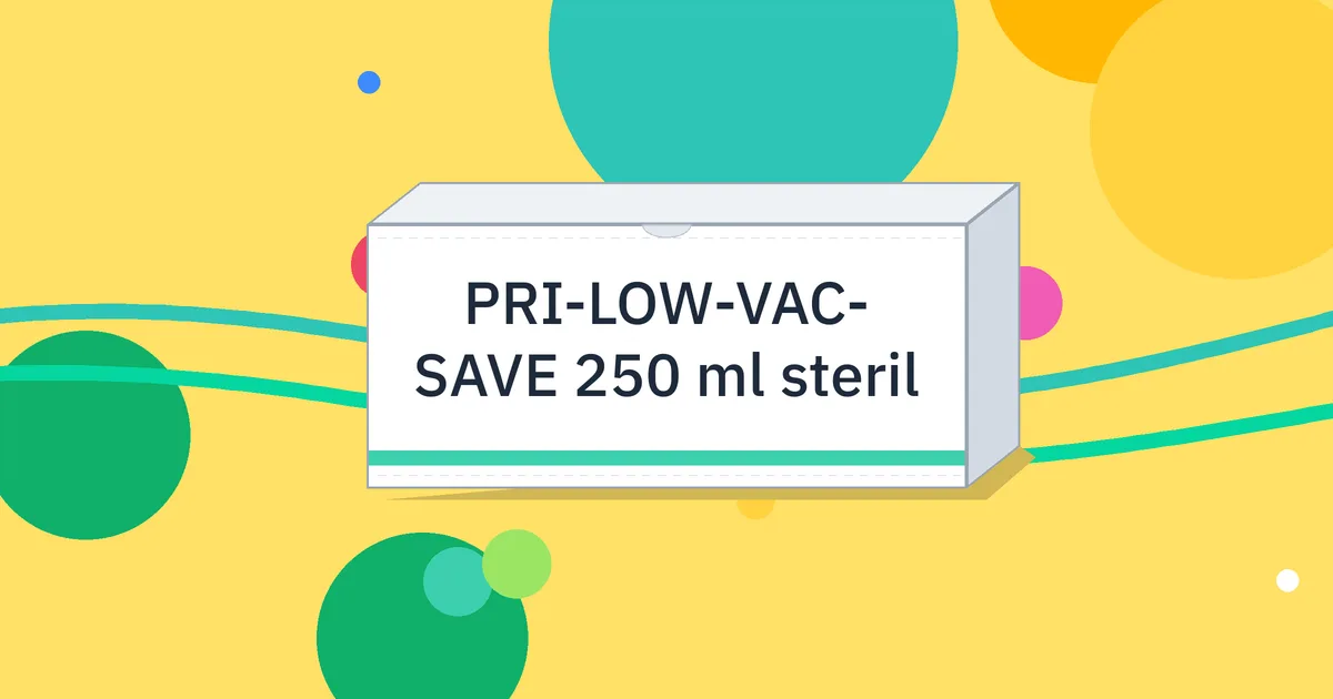 Symbolbild: Packung mit der Aufschrift PRI-LOW-VAC-SAVE 250 ml steril (PZN 10343445) – Verfügbarkeit und Bezug in Apotheken in Frankfurt am Main