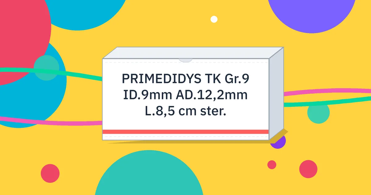 Symbolbild: Packung mit der Aufschrift PRIMEDIDYS TK Gr.9 ID.9mm AD.12,2mm L.8,5 cm ster. (PZN 17249979) – Verfügbarkeit und Bezug in Apotheken in Frankfurt am Main