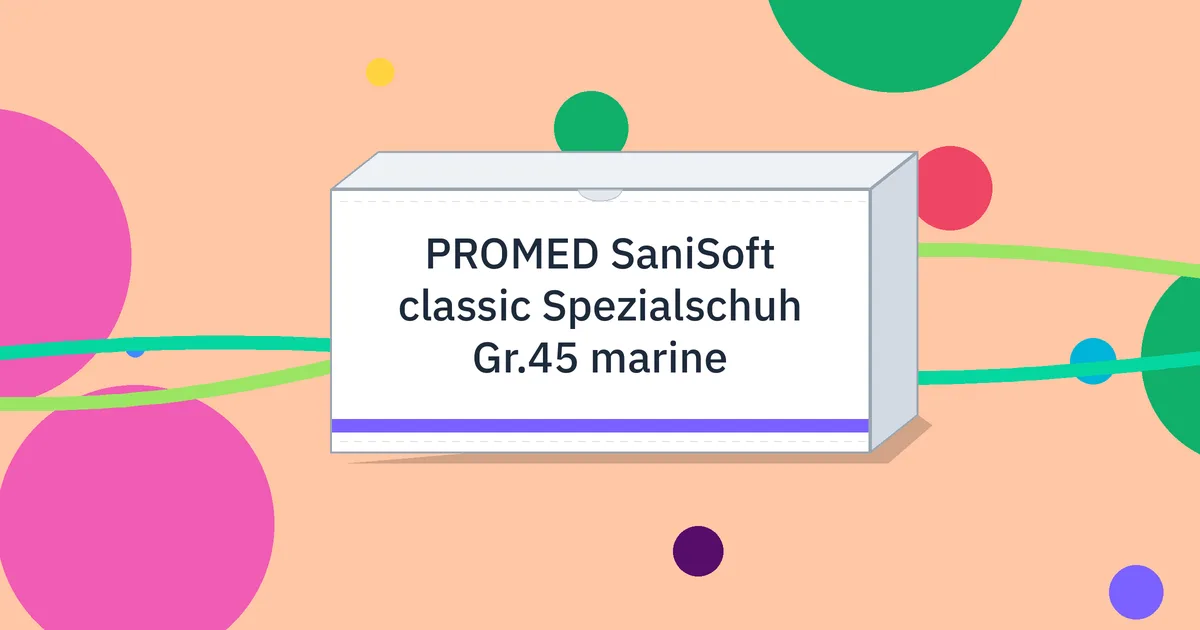 Symbolbild: Packung mit der Aufschrift PROMED SaniSoft classic Spezialschuh Gr.45 marine (PZN 19274272) – Verfügbarkeit und Bezug in Apotheken in Frankfurt am Main