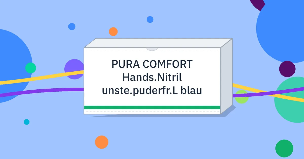 Symbolbild: Packung mit der Aufschrift PURA COMFORT Hands.Nitril unste.puderfr.L blau (PZN 13511392) – Verfügbarkeit und Bezug in Apotheken in Frankfurt am Main
