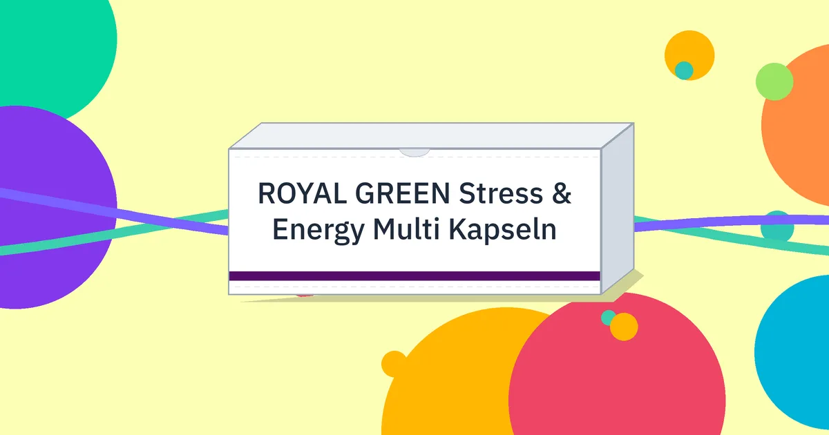 Symbolbild: Packung mit der Aufschrift ROYAL GREEN Stress & Energy Multi Kapseln (PZN 20175701) – Verfügbarkeit und Bezug in Apotheken in Frankfurt am Main