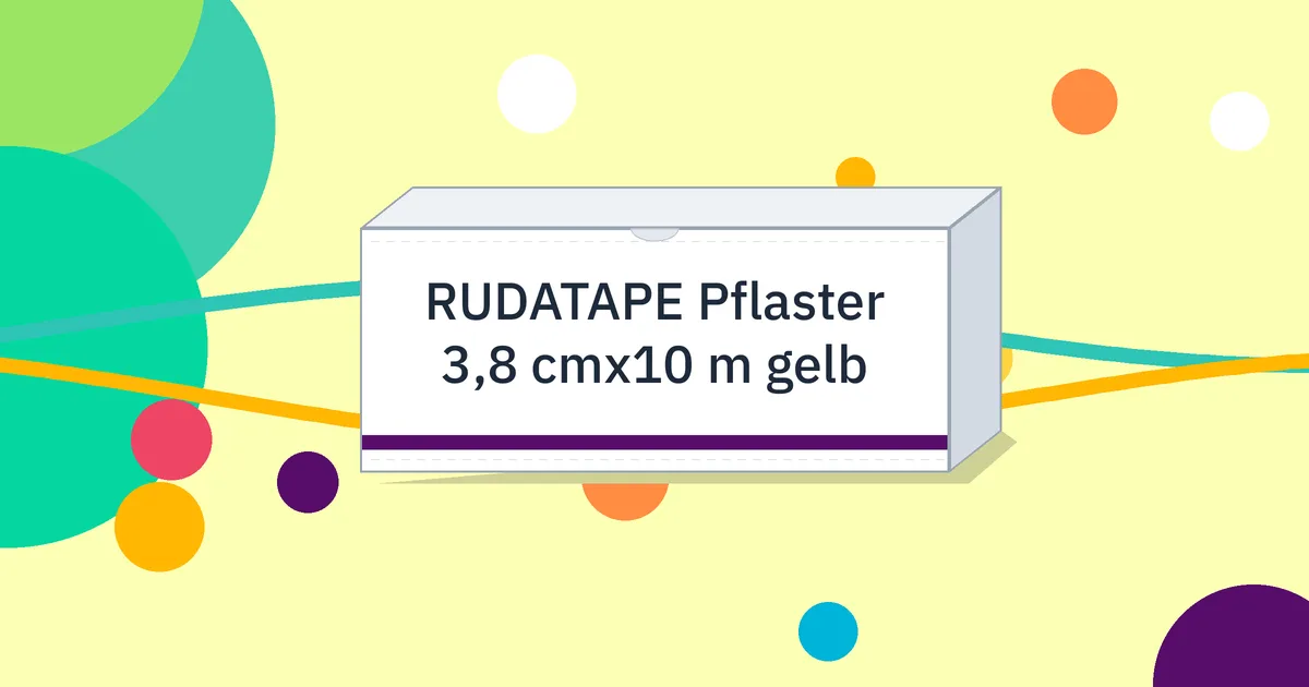 Symbolbild: Packung mit der Aufschrift RUDATAPE Pflaster 3,8 cmx10 m gelb (PZN 15893162) – Verfügbarkeit und Bezug in Apotheken in Frankfurt am Main