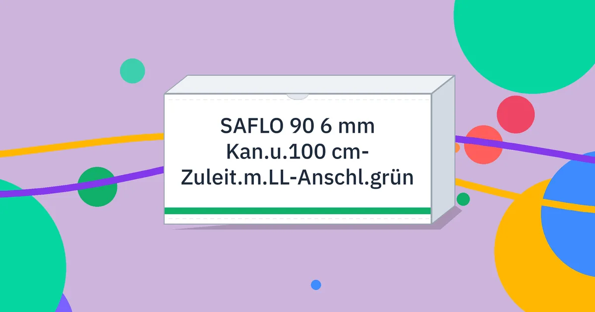 Symbolbild: Packung mit der Aufschrift SAFLO 90 6 mm Kan.u.100 cm-Zuleit.m.LL-Anschl.grün (PZN 13346094) – Verfügbarkeit und Bezug in Apotheken in Frankfurt am Main