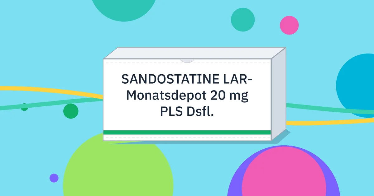 Symbolbild: Packung mit der Aufschrift SANDOSTATINE LAR-Monatsdepot 20 mg PLS Dsfl. (PZN 19224044) – Verfügbarkeit und Bezug in Apotheken in Frankfurt am Main
