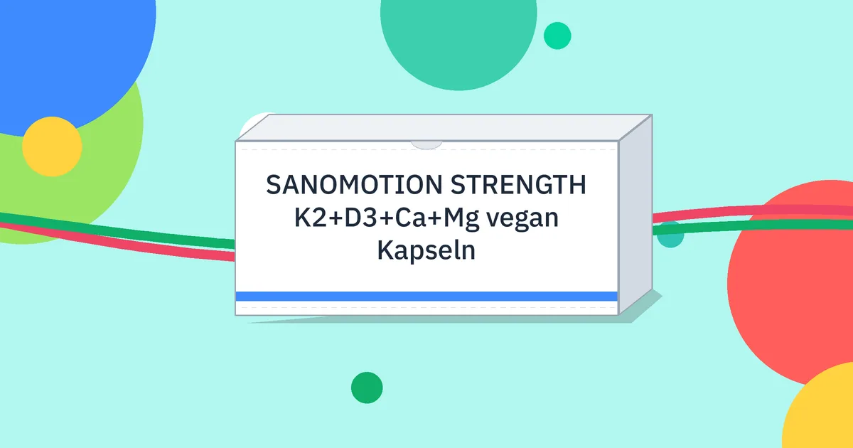 Symbolbild: Packung mit der Aufschrift SANOMOTION STRENGTH K2+D3+Ca+Mg vegan Kapseln (PZN 17628671) – Verfügbarkeit und Bezug in Apotheken in Frankfurt am Main