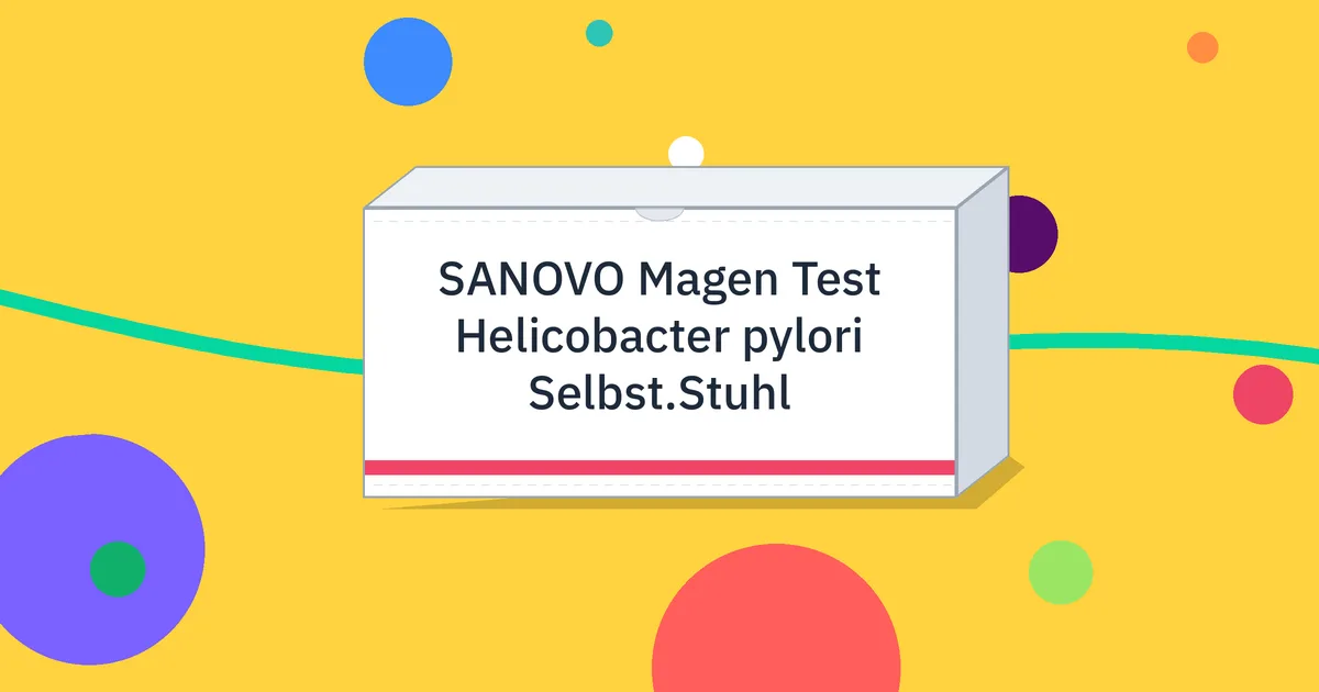 Symbolbild: Packung mit der Aufschrift SANOVO Magen Test Helicobacter pylori Selbst.Stuhl (PZN 20383658) – Verfügbarkeit und Bezug in Apotheken in Frankfurt am Main
