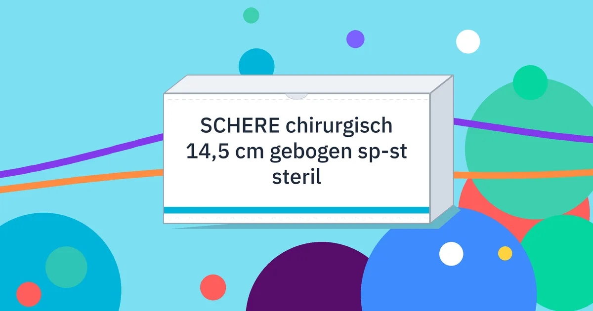 Symbolbild: Packung mit der Aufschrift SCHERE chirurgisch 14,5 cm gebogen sp-st steril (PZN 19978168) – Verfügbarkeit und Bezug in Apotheken in Frankfurt am Main
