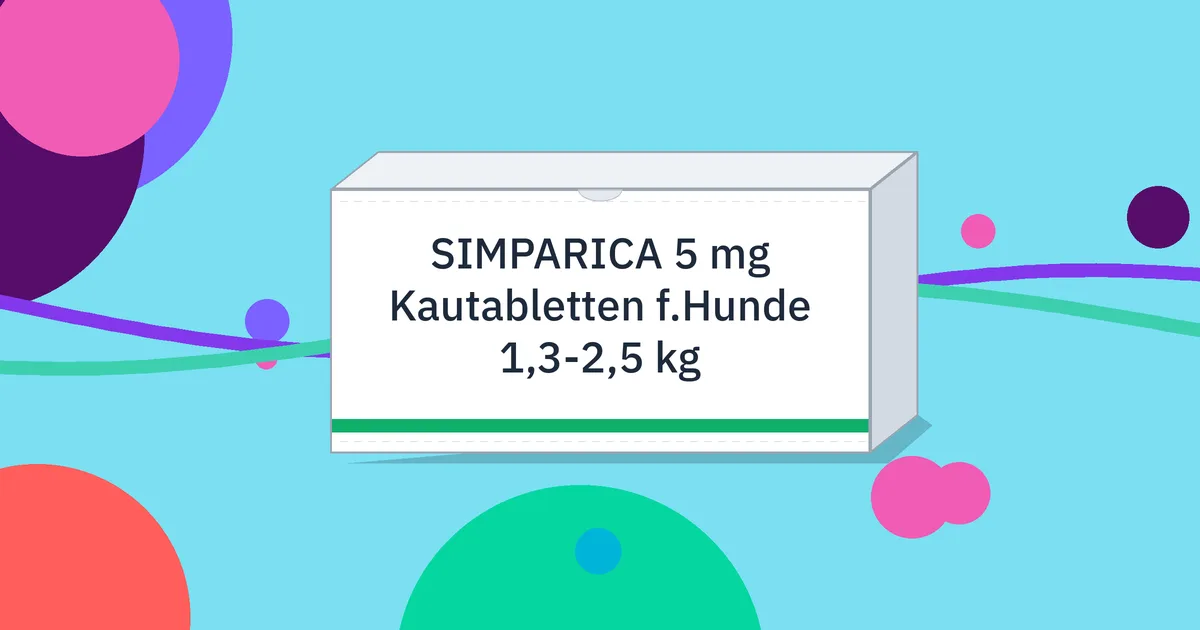 Symbolbild: Packung mit der Aufschrift SIMPARICA 5 mg Kautabletten f.Hunde 1,3-2,5 kg (PZN 12467772) – Verfügbarkeit und Bezug in Apotheken in Frankfurt am Main