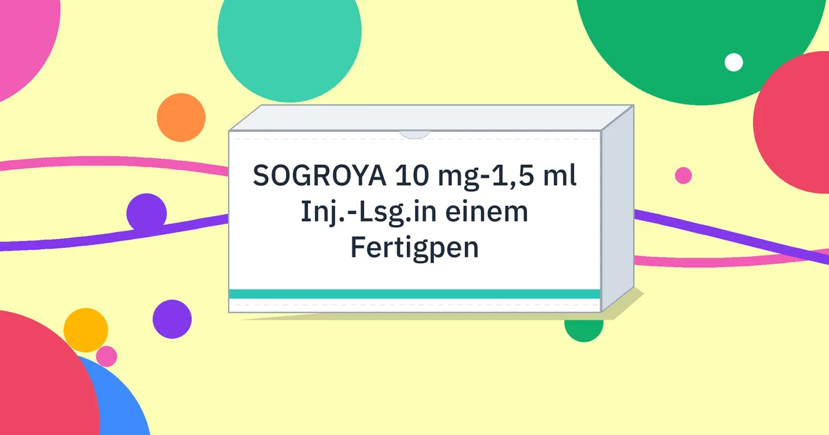 Symbolbild: Packung mit der Aufschrift SOGROYA 10 mg-1,5 ml Inj.-Lsg.in einem Fertigpen (PZN 18817440) – Verfügbarkeit und Bezug in Apotheken in Frankfurt am Main