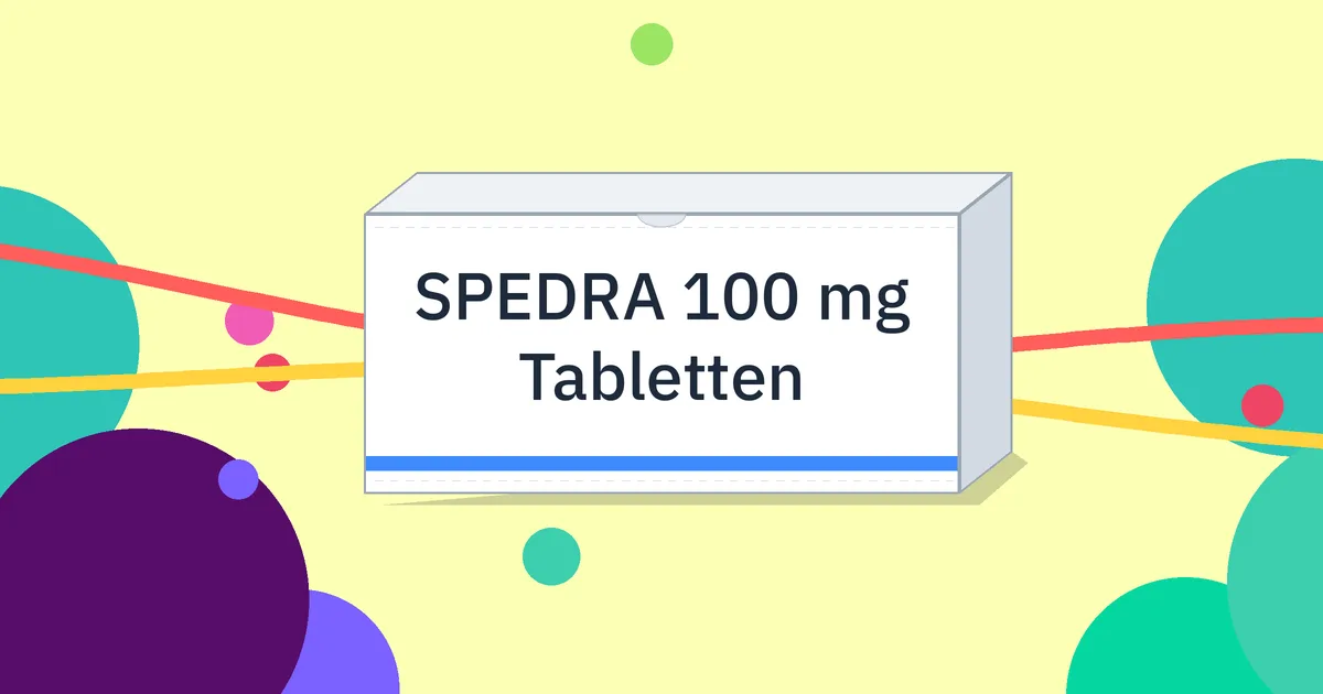 Symbolbild: Packung mit der Aufschrift SPEDRA 100 mg Tabletten (PZN 17971357) – Verfügbarkeit und Bezug in Apotheken in Frankfurt am Main