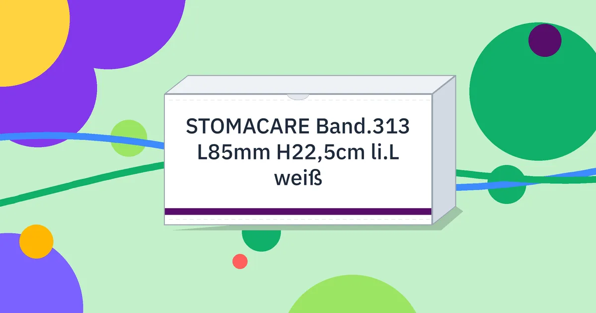 Symbolbild: Packung mit der Aufschrift STOMACARE Band.313 L85mm H22,5cm li.L weiß (PZN 09436868) – Verfügbarkeit und Bezug in Apotheken in Frankfurt am Main