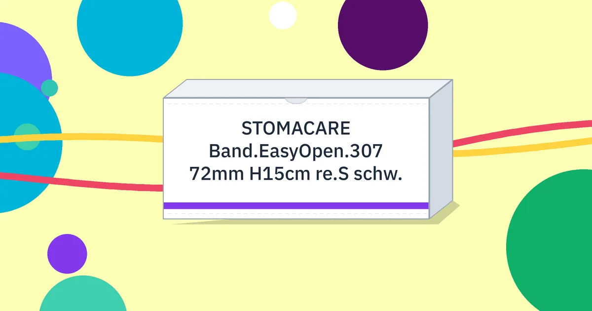 Symbolbild: Packung mit der Aufschrift STOMACARE Band.EasyOpen.307 72mm H15cm re.S schw. (PZN 09437603) – Verfügbarkeit und Bezug in Apotheken in Frankfurt am Main