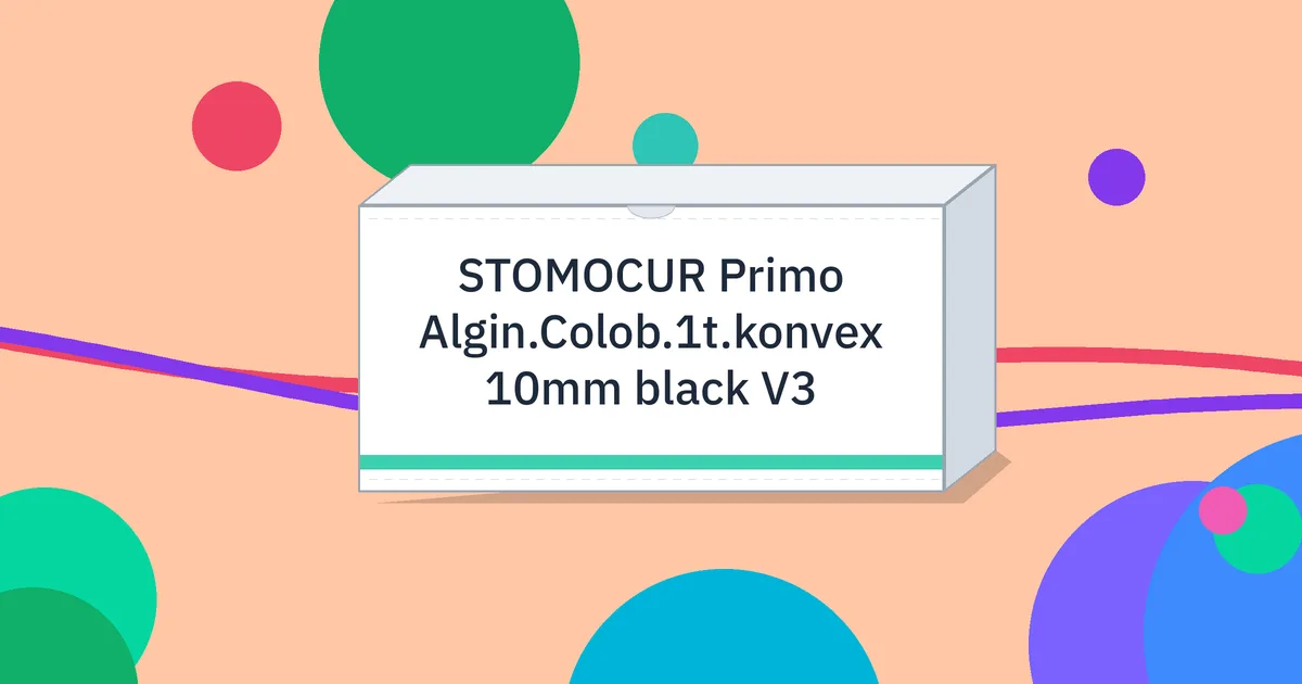 Symbolbild: Packung mit der Aufschrift STOMOCUR Primo Algin.Colob.1t.konvex 10mm black V3 (PZN 19536648) – Verfügbarkeit und Bezug in Apotheken in Frankfurt am Main