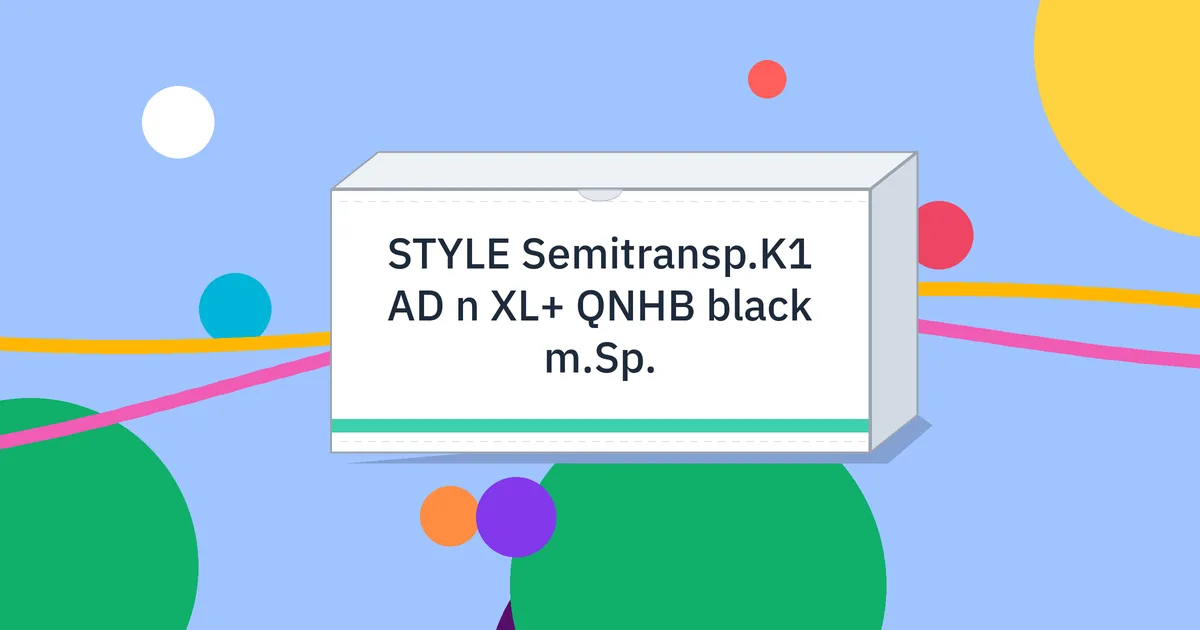 Symbolbild: Packung mit der Aufschrift STYLE Semitransp.K1 AD n XL+ QNHB black m.Sp. (PZN 18870144) – Verfügbarkeit und Bezug in Apotheken in Frankfurt am Main