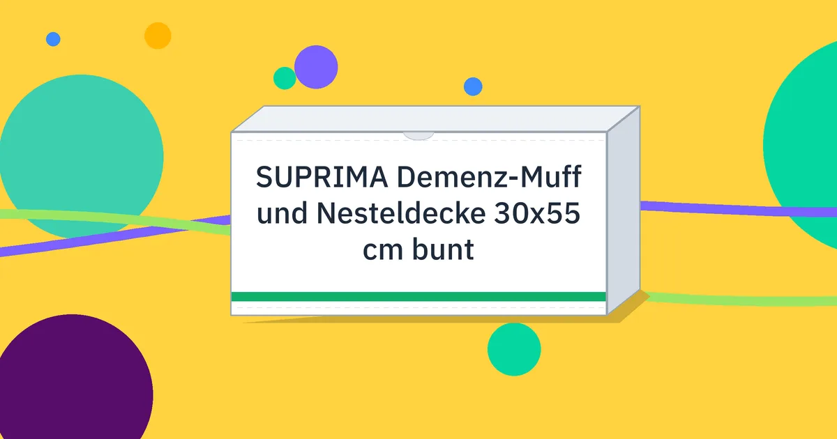 Symbolbild: Packung mit der Aufschrift SUPRIMA Demenz-Muff und Nesteldecke 30x55 cm bunt (PZN 13915037) – Verfügbarkeit und Bezug in Apotheken in Frankfurt am Main