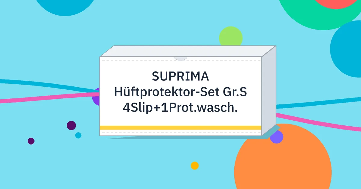 Symbolbild: Packung mit der Aufschrift SUPRIMA Hüftprotektor-Set Gr.S 4Slip+1Prot.wasch. (PZN 07711508) – Verfügbarkeit und Bezug in Apotheken in Frankfurt am Main