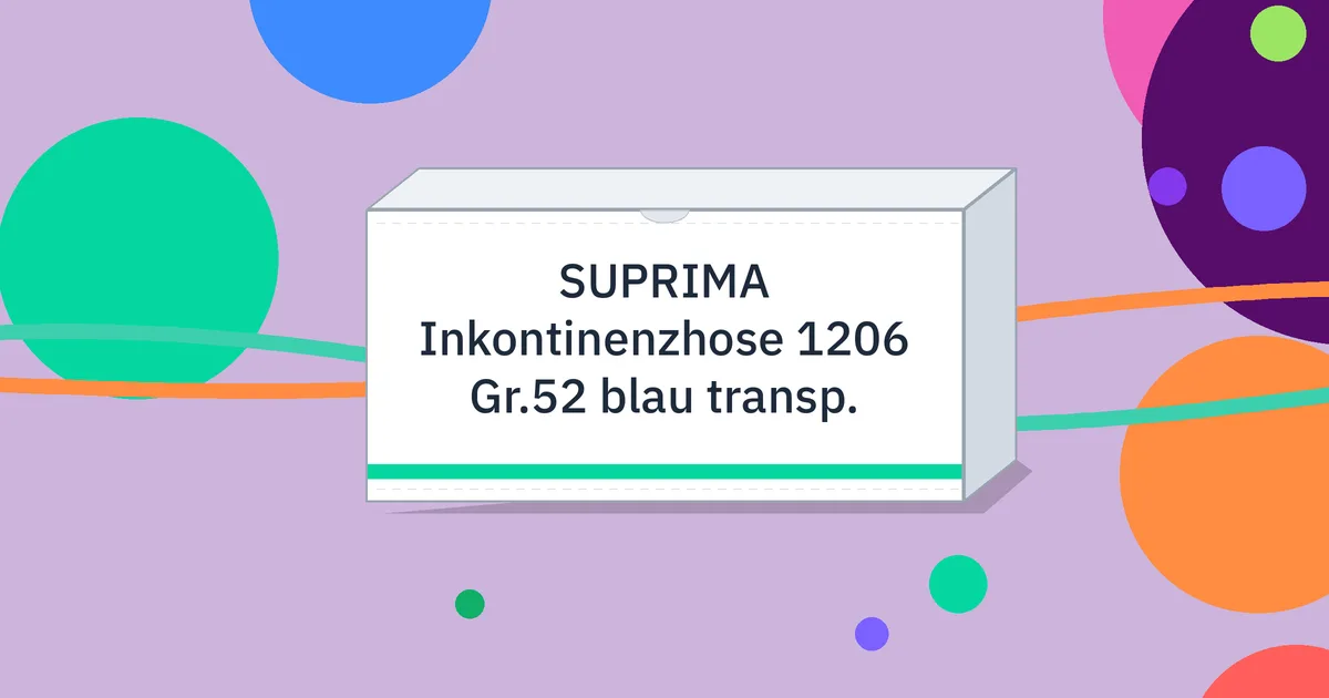 Symbolbild: Packung mit der Aufschrift SUPRIMA Inkontinenzhose 1206 Gr.52 blau transp. (PZN 01515249) – Verfügbarkeit und Bezug in Apotheken in Frankfurt am Main