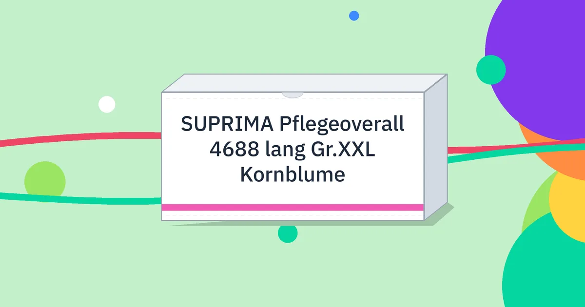 Symbolbild: Packung mit der Aufschrift SUPRIMA Pflegeoverall 4688 lang Gr.XXL Kornblume (PZN 11660202) – Verfügbarkeit und Bezug in Apotheken in Frankfurt am Main