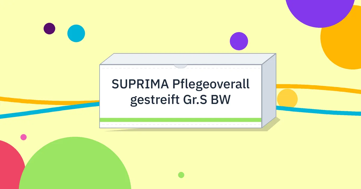 Symbolbild: Packung mit der Aufschrift SUPRIMA Pflegeoverall gestreift Gr.S BW (PZN 15421368) – Verfügbarkeit und Bezug in Apotheken in Frankfurt am Main