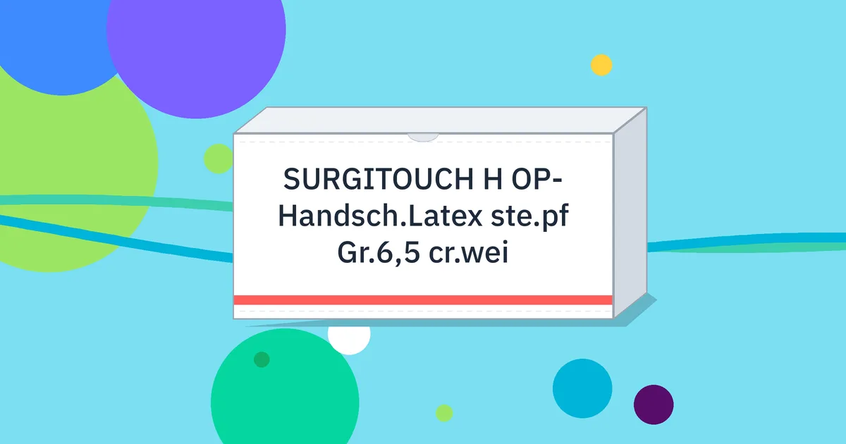Symbolbild: Packung mit der Aufschrift SURGITOUCH H OP-Handsch.Latex ste.pf Gr.6,5 cr.wei (PZN 20156750) – Verfügbarkeit und Bezug in Apotheken in Frankfurt am Main