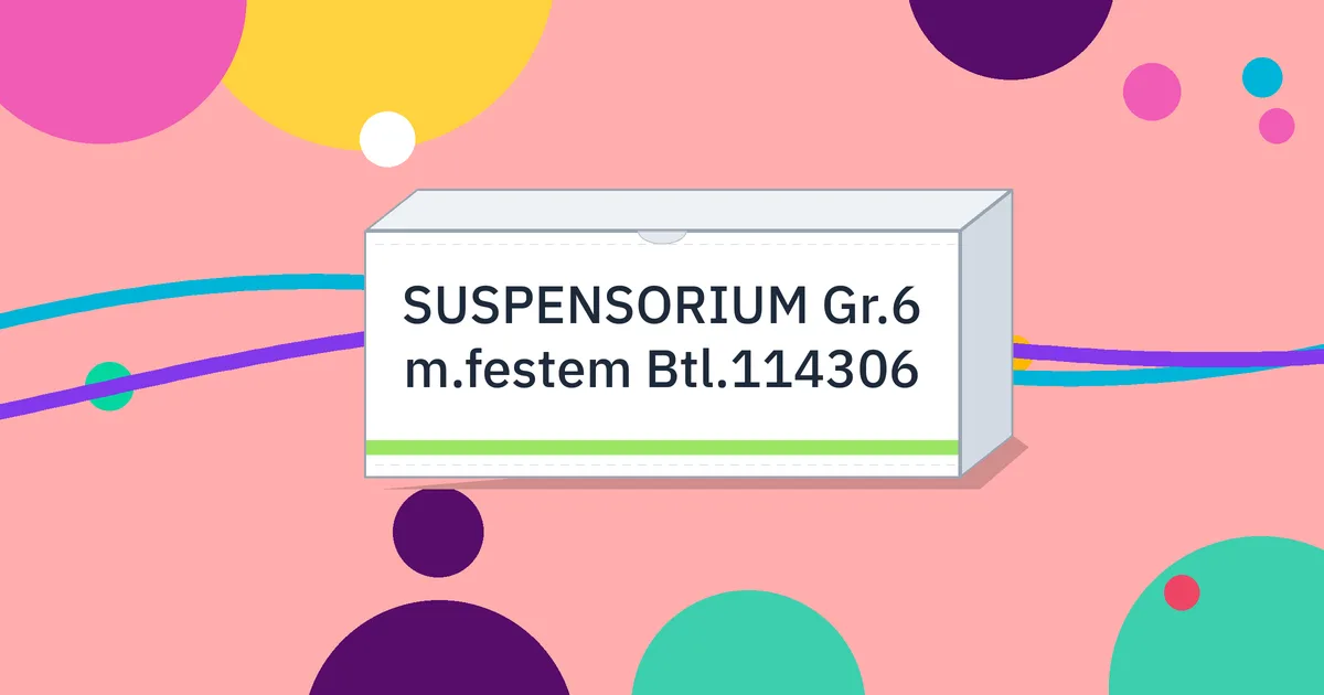 Symbolbild: Packung mit der Aufschrift SUSPENSORIUM Gr.6 m.festem Btl.114306 (PZN 04608856) – Verfügbarkeit und Bezug in Apotheken in Frankfurt am Main
