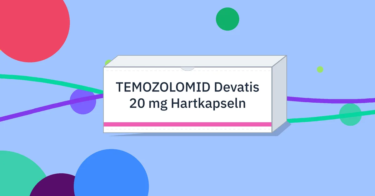 Symbolbild: Packung mit der Aufschrift TEMOZOLOMID Devatis 20 mg Hartkapseln (PZN 17981870) – Verfügbarkeit und Bezug in Apotheken in Frankfurt am Main