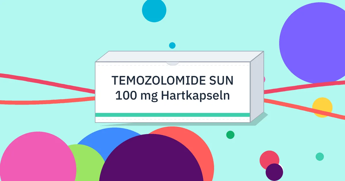 Symbolbild: Packung mit der Aufschrift TEMOZOLOMIDE SUN 100 mg Hartkapseln (PZN 16769990) – Verfügbarkeit und Bezug in Apotheken in Frankfurt am Main