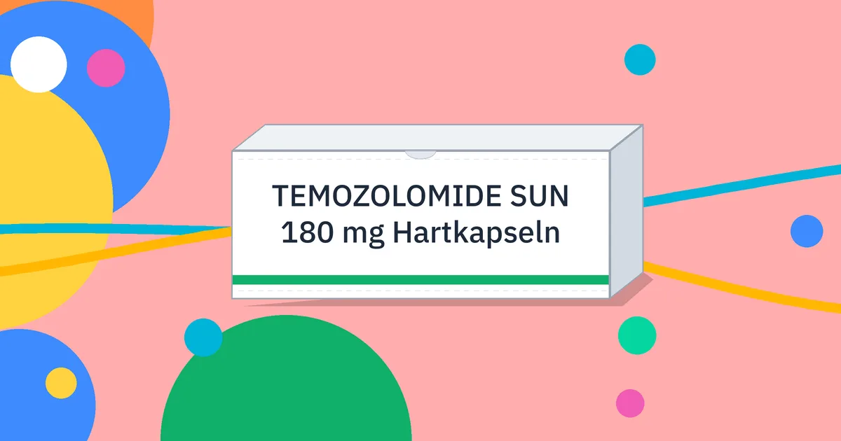 Symbolbild: Packung mit der Aufschrift TEMOZOLOMIDE SUN 180 mg Hartkapseln (PZN 09282046) – Verfügbarkeit und Bezug in Apotheken in Frankfurt am Main