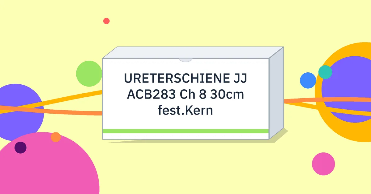 Symbolbild: Packung mit der Aufschrift URETERSCHIENE JJ ACB283 Ch 8 30cm fest.Kern (PZN 01358264) – Verfügbarkeit und Bezug in Apotheken in Frankfurt am Main