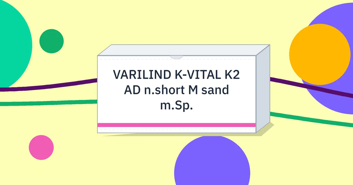 Symbolbild: Packung mit der Aufschrift VARILIND K-VITAL K2 AD n.short M sand m.Sp. (PZN 20567364) – Verfügbarkeit und Bezug in Apotheken in Frankfurt am Main