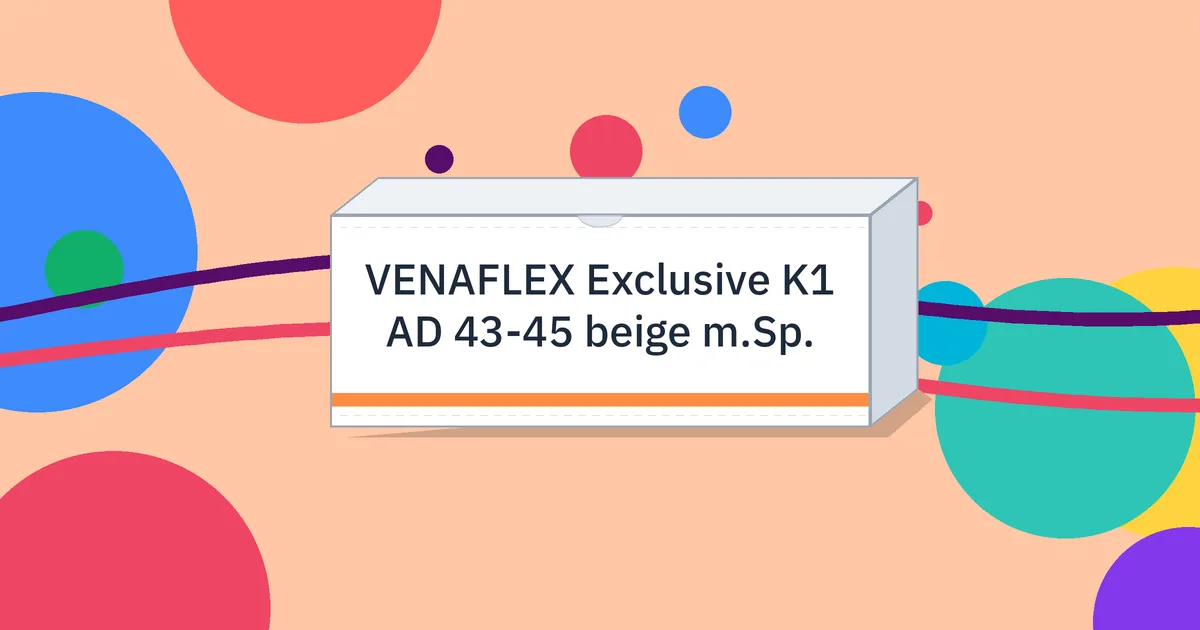 Symbolbild: Packung mit der Aufschrift VENAFLEX Exclusive K1 AD 43-45 beige m.Sp. (PZN 18309241) – Verfügbarkeit und Bezug in Apotheken in Frankfurt am Main
