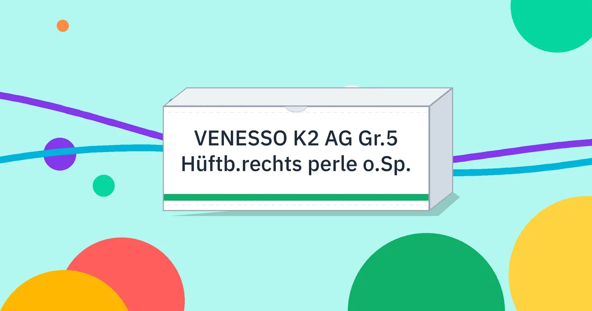 Symbolbild: Packung mit der Aufschrift VENESSO K2 AG Gr.5 Hüftb.rechts perle o.Sp. (PZN 03272035) – Verfügbarkeit und Bezug in Apotheken in Frankfurt am Main