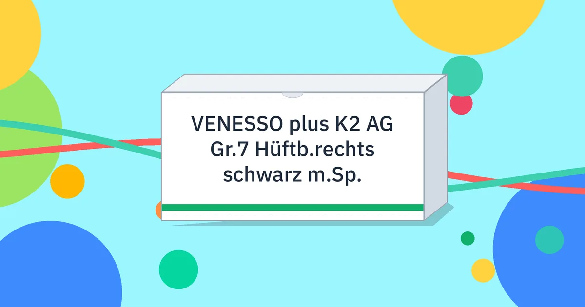 Symbolbild: Packung mit der Aufschrift VENESSO plus K2 AG Gr.7 Hüftb.rechts schwarz m.Sp. (PZN 03304427) – Verfügbarkeit und Bezug in Apotheken in Frankfurt am Main
