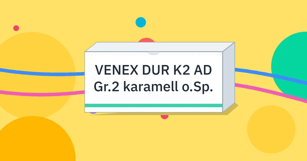 Symbolbild: Packung mit der Aufschrift VENEX DUR K2 AD Gr.2 karamell o.Sp. (PZN 13757437) – Verfügbarkeit und Bezug in Apotheken in Frankfurt am Main
