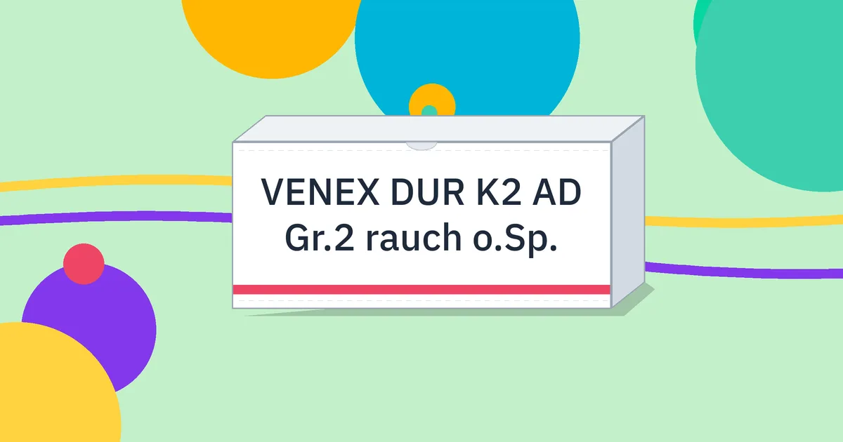 Symbolbild: Packung mit der Aufschrift VENEX DUR K2 AD Gr.2 rauch o.Sp. (PZN 03210732) – Verfügbarkeit und Bezug in Apotheken in Frankfurt am Main