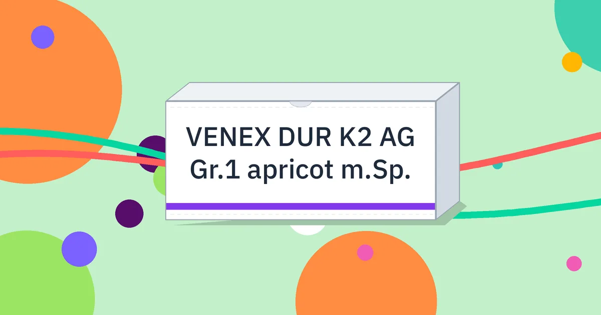 Symbolbild: Packung mit der Aufschrift VENEX DUR K2 AG Gr.1 apricot m.Sp. (PZN 03213618) – Verfügbarkeit und Bezug in Apotheken in Frankfurt am Main