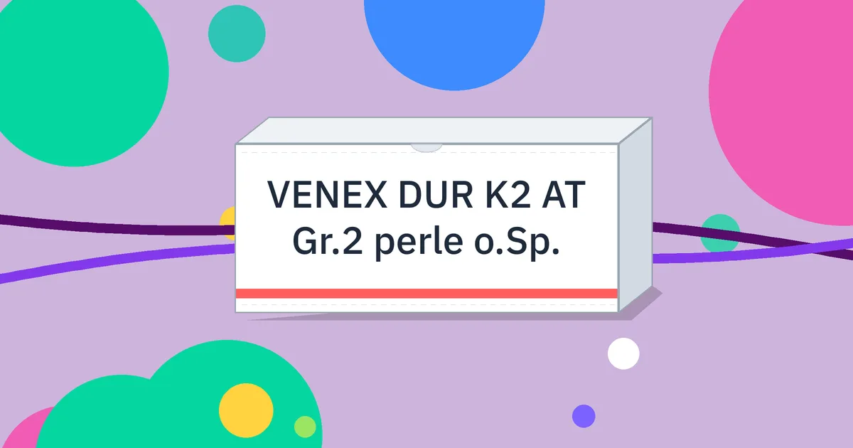 Symbolbild: Packung mit der Aufschrift VENEX DUR K2 AT Gr.2 perle o.Sp. (PZN 03223261) – Verfügbarkeit und Bezug in Apotheken in Frankfurt am Main