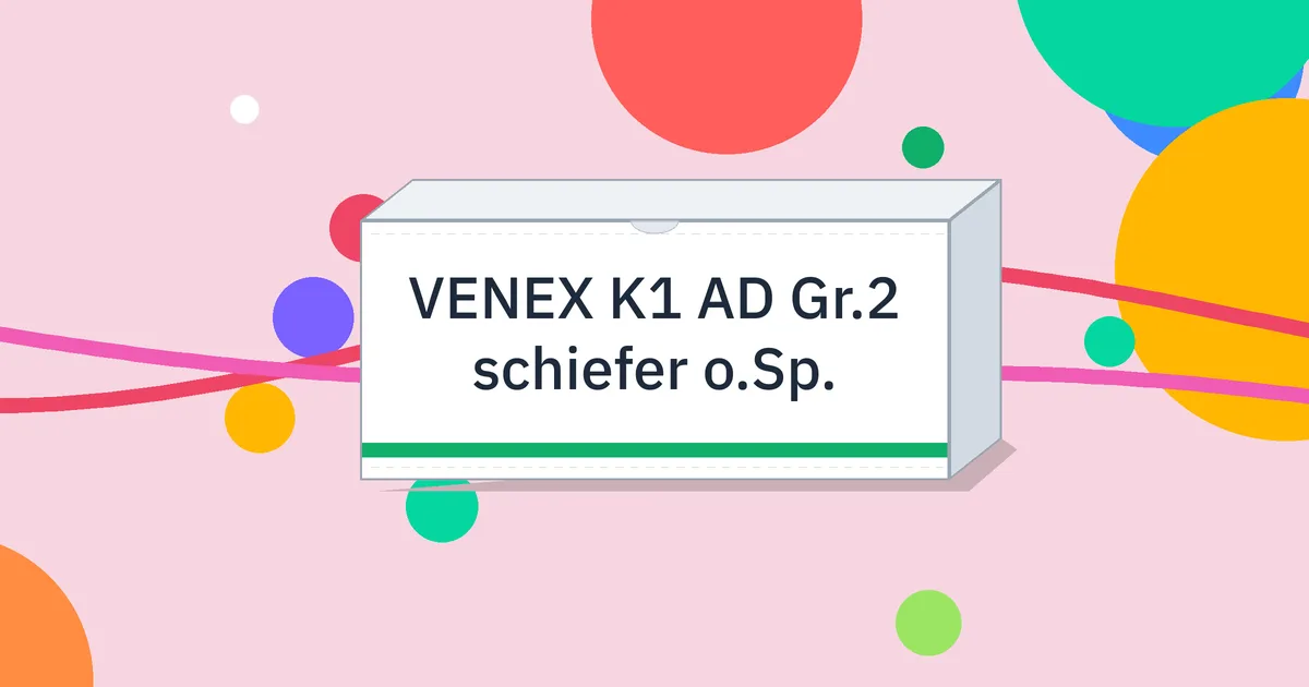 Symbolbild: Packung mit der Aufschrift VENEX K1 AD Gr.2 schiefer o.Sp. (PZN 03185922) – Verfügbarkeit und Bezug in Apotheken in Frankfurt am Main