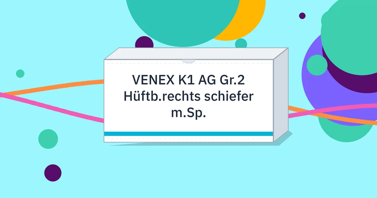 Symbolbild: Packung mit der Aufschrift VENEX K1 AG Gr.2 Hüftb.rechts schiefer m.Sp. (PZN 03203169) – Verfügbarkeit und Bezug in Apotheken in Frankfurt am Main