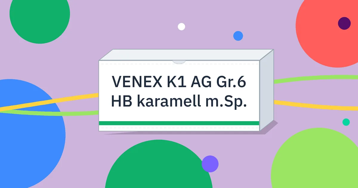 Symbolbild: Packung mit der Aufschrift VENEX K1 AG Gr.6 HB karamell m.Sp. (PZN 13757590) – Verfügbarkeit und Bezug in Apotheken in Frankfurt am Main