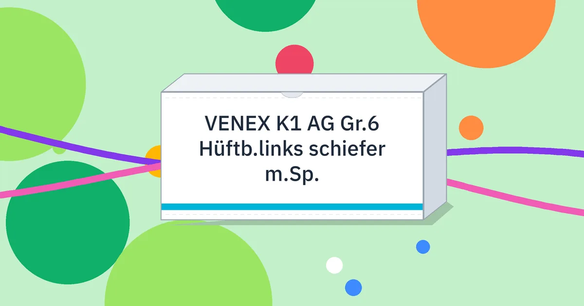 Symbolbild: Packung mit der Aufschrift VENEX K1 AG Gr.6 Hüftb.links schiefer m.Sp. (PZN 03201532) – Verfügbarkeit und Bezug in Apotheken in Frankfurt am Main