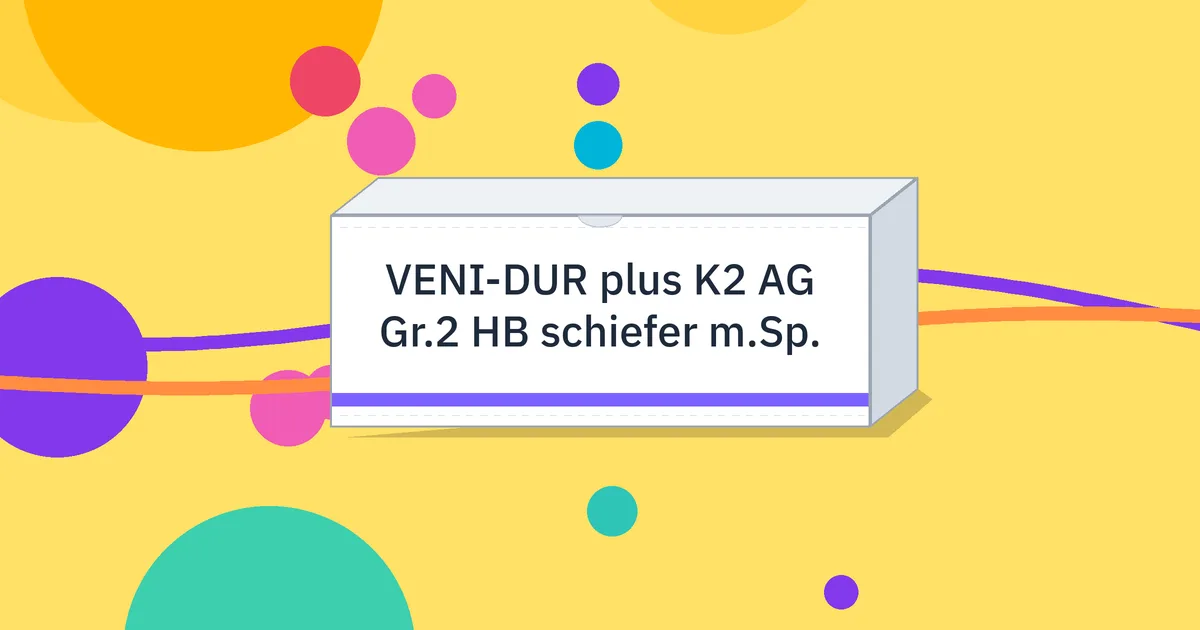 Symbolbild: Packung mit der Aufschrift VENI-DUR plus K2 AG Gr.2 HB schiefer m.Sp. (PZN 03254971) – Verfügbarkeit und Bezug in Apotheken in Frankfurt am Main
