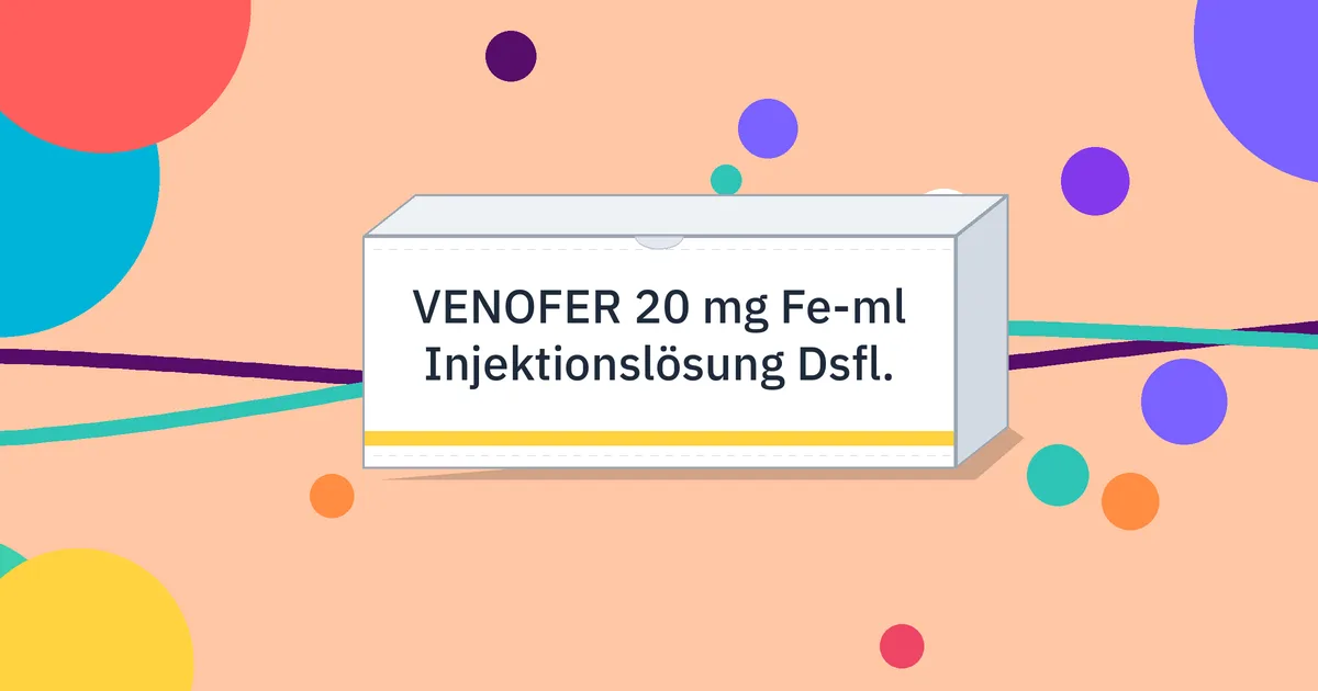 Symbolbild: Packung mit der Aufschrift VENOFER 20 mg Fe-ml Injektionslösung Dsfl. (PZN 10038713) – Verfügbarkeit und Bezug in Apotheken in Frankfurt am Main