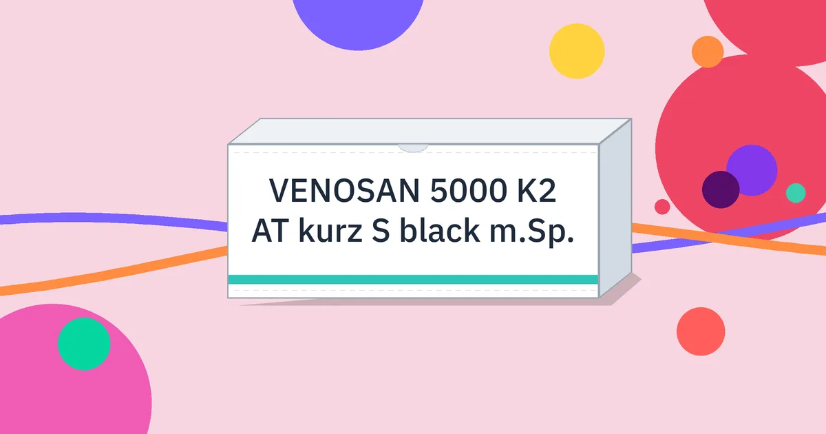 Symbolbild: Packung mit der Aufschrift VENOSAN 5000 K2 AT kurz S black m.Sp. (PZN 14433501) – Verfügbarkeit und Bezug in Apotheken in Frankfurt am Main