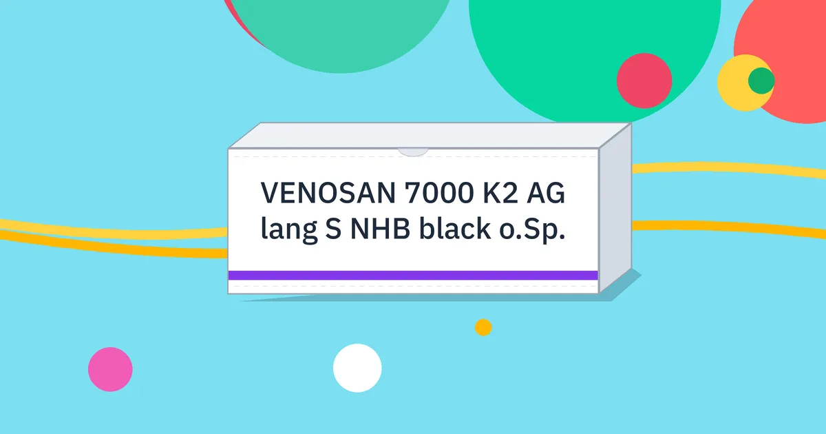 Symbolbild: Packung mit der Aufschrift VENOSAN 7000 K2 AG lang S NHB black o.Sp. (PZN 14435894) – Verfügbarkeit und Bezug in Apotheken in Frankfurt am Main