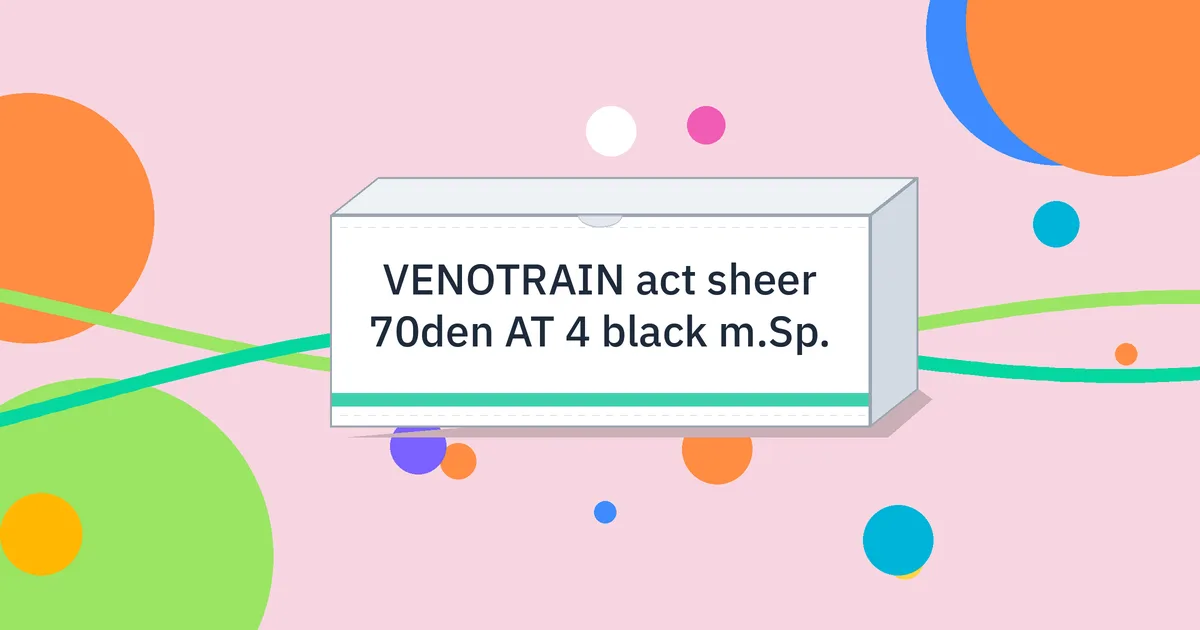 Symbolbild: Packung mit der Aufschrift VENOTRAIN act sheer 70den AT 4 black m.Sp. (PZN 16206867) – Verfügbarkeit und Bezug in Apotheken in Frankfurt am Main