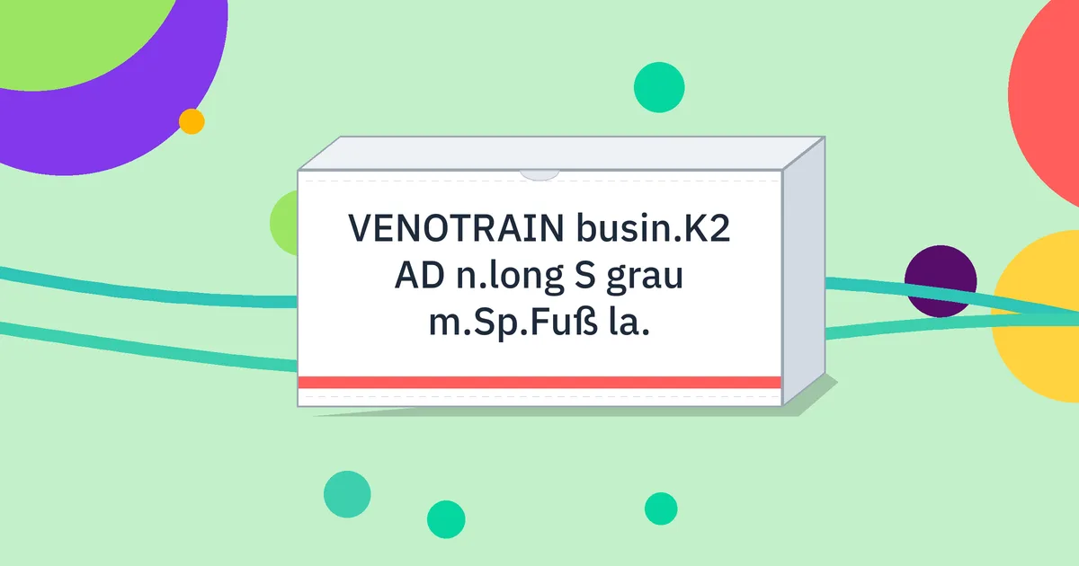 Symbolbild: Packung mit der Aufschrift VENOTRAIN busin.K2 AD n.long S grau m.Sp.Fuß la. (PZN 19056799) – Verfügbarkeit und Bezug in Apotheken in Frankfurt am Main