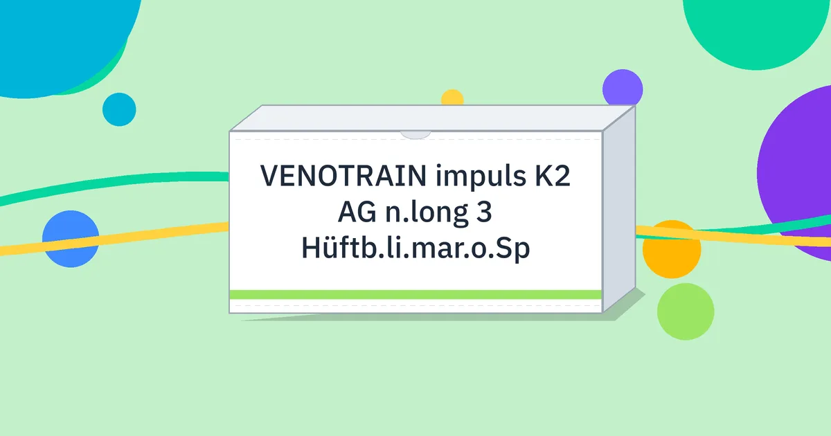 Symbolbild: Packung mit der Aufschrift VENOTRAIN impuls K2 AG n.long 3 Hüftb.li.mar.o.Sp (PZN 15219112) – Verfügbarkeit und Bezug in Apotheken in Frankfurt am Main