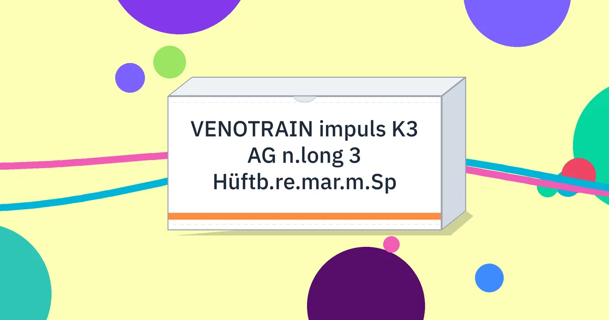Symbolbild: Packung mit der Aufschrift VENOTRAIN impuls K3 AG n.long 3 Hüftb.re.mar.m.Sp (PZN 15217610) – Verfügbarkeit und Bezug in Apotheken in Frankfurt am Main