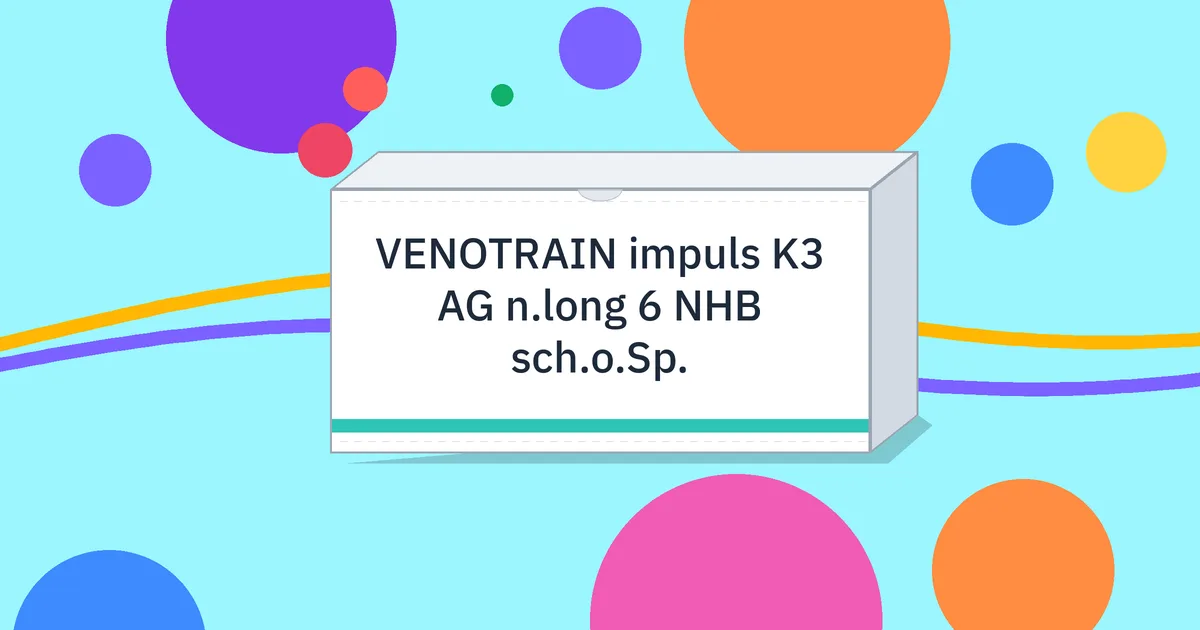 Symbolbild: Packung mit der Aufschrift VENOTRAIN impuls K3 AG n.long 6 NHB sch.o.Sp. (PZN 00540995) – Verfügbarkeit und Bezug in Apotheken in Frankfurt am Main